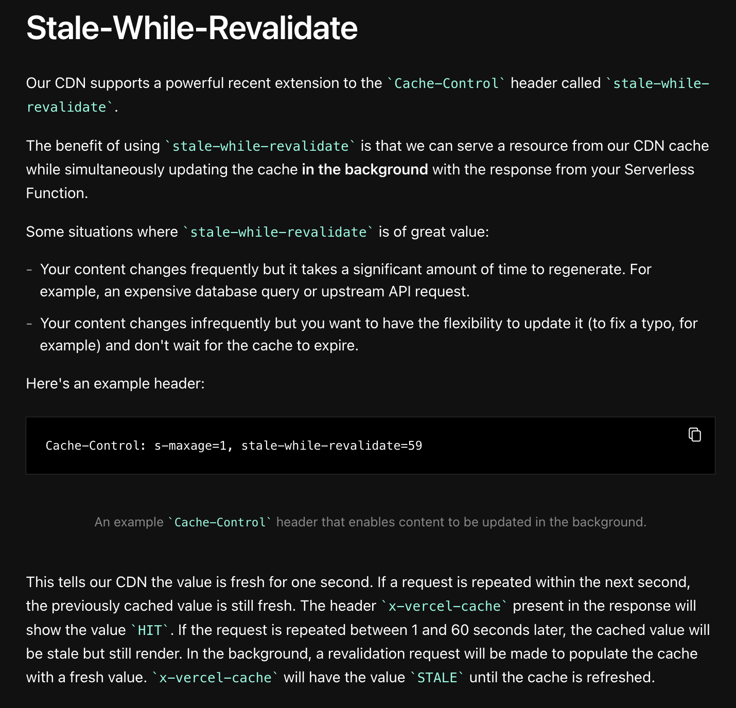Difference between stale-while-revalidate cache control header with and without value · vercel ...