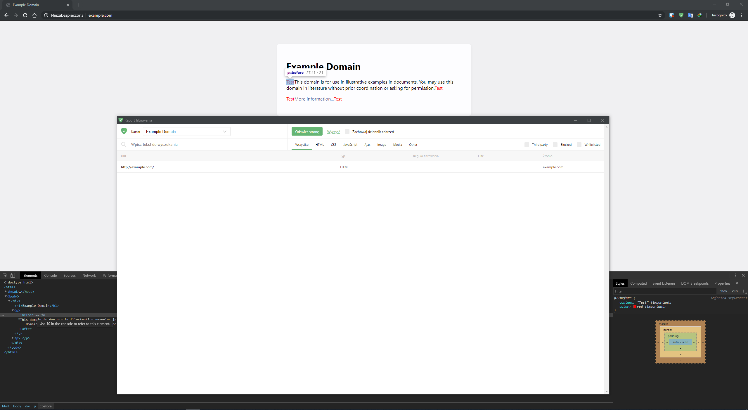 CSS rules with after/before are not visible in the filtering log ...