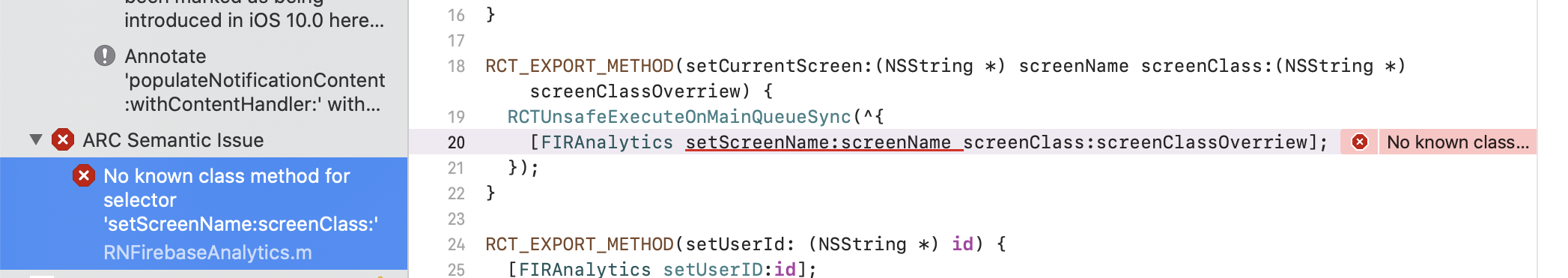 No known class method for selector 'setScreenName:screenClass RNFirebaseAnalytics.m · Issue ...
