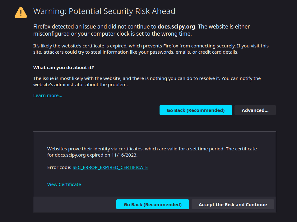The certificate for docs.scipy.org expired on 11/16/2023. · Issue #81 · scipy/docs.scipy.org ...