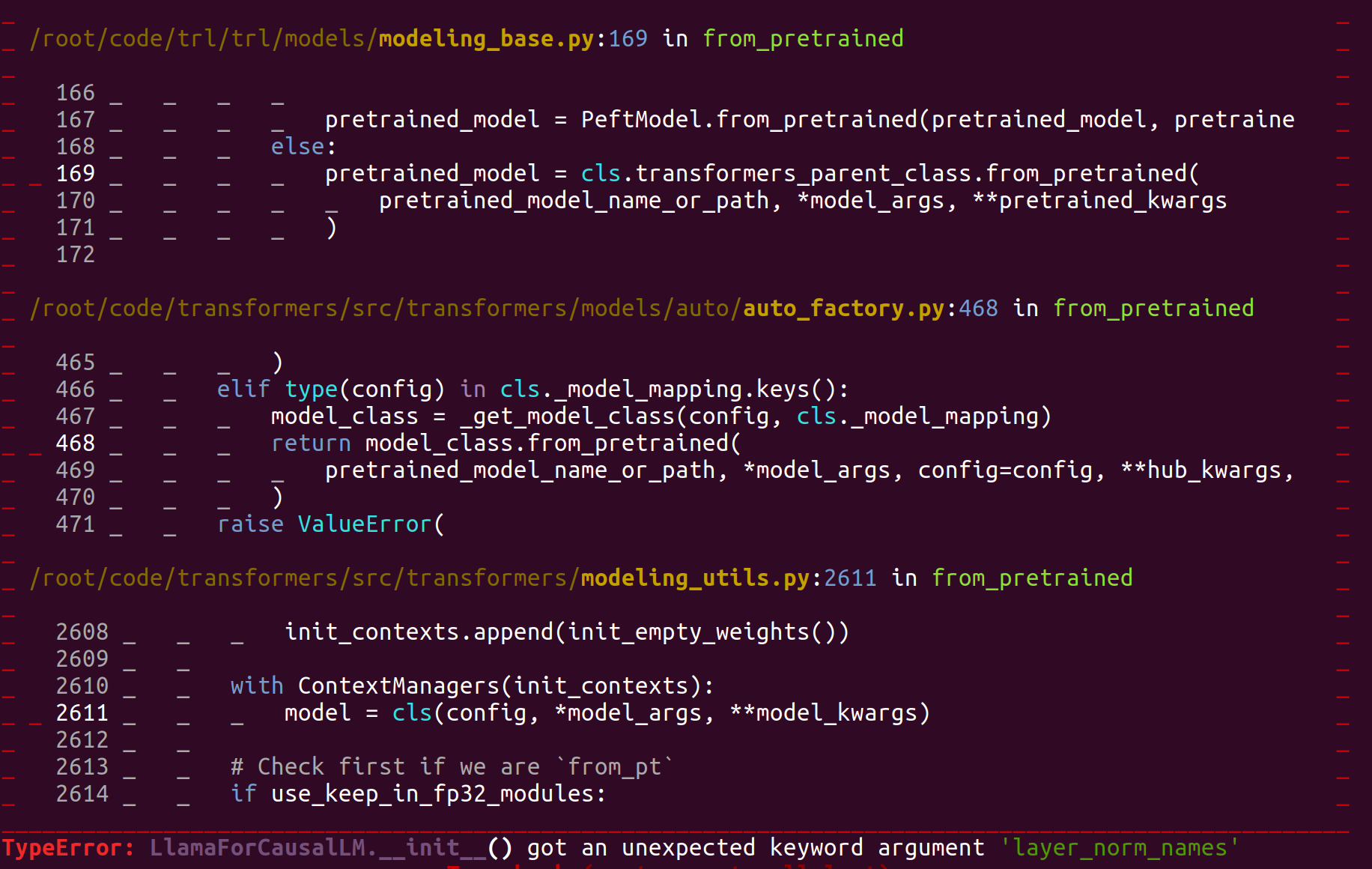 TypeError: LlamaForCausalLM.__init__() got an unexpected keyword argument 'layer_norm_names ...
