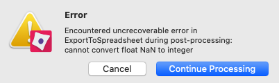 ExportToSpreadsheet unrecoverable error: cannot convert float NaN to ...