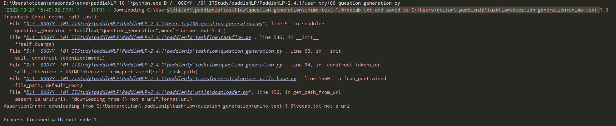 [Question]: Error of Taskflow("question_generation") · Issue #3574 · PaddlePaddle/PaddleNLP · GitHub