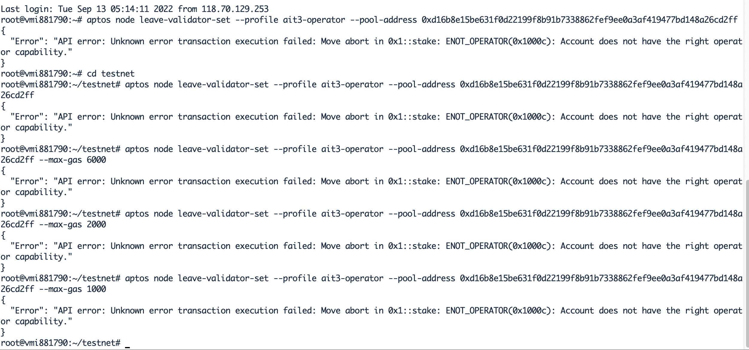 Error ENOT_OPERATOR(0x1000c): Account does not have the right operator ...