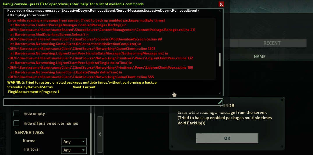 Could not reconnect to server - Missing character · Issue #9616 · FakeFishGames/Barotrauma · GitHub