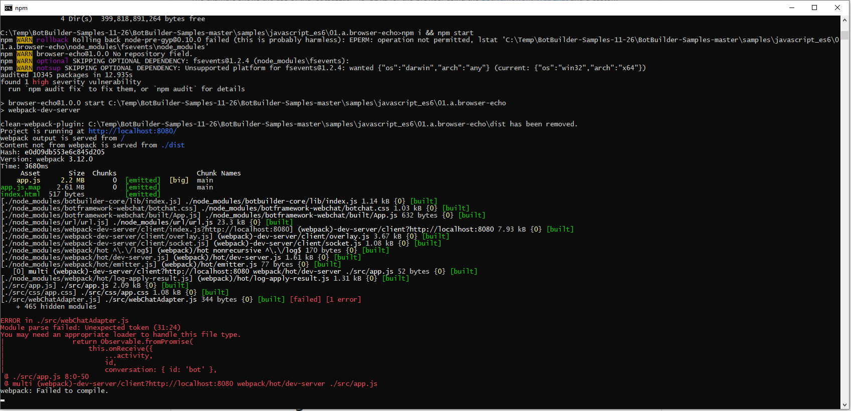 Sample: 01.a.browser-echo fails to run · Issue #979 · microsoft/BotBuilder-Samples · GitHub