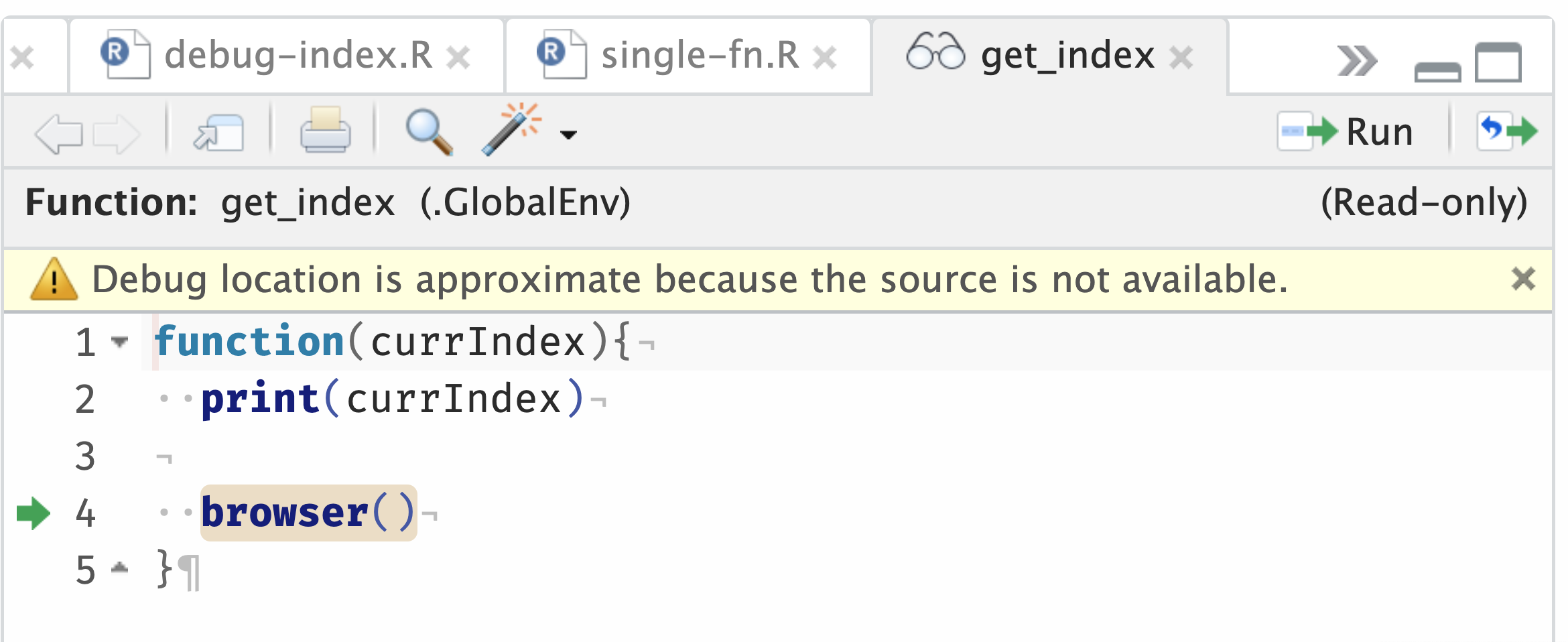 browser() statement opens read only view on execution unless entire function or file is sourced ...