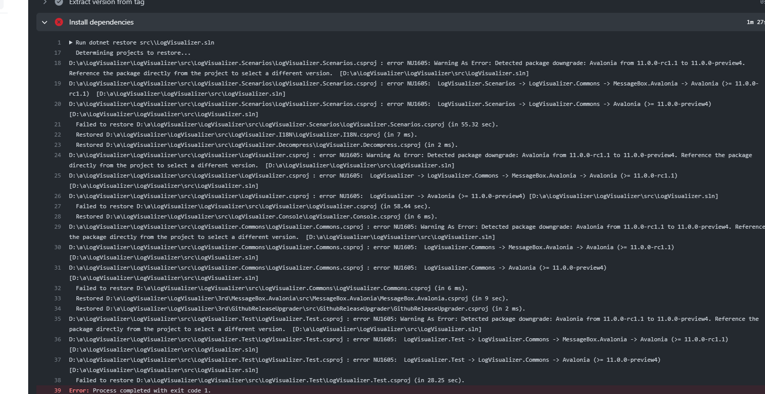 error NU1605: Warning As Error: Detected package downgrade: Avalonia from 11.0.0-rc1.1 to 11.0.0 ...