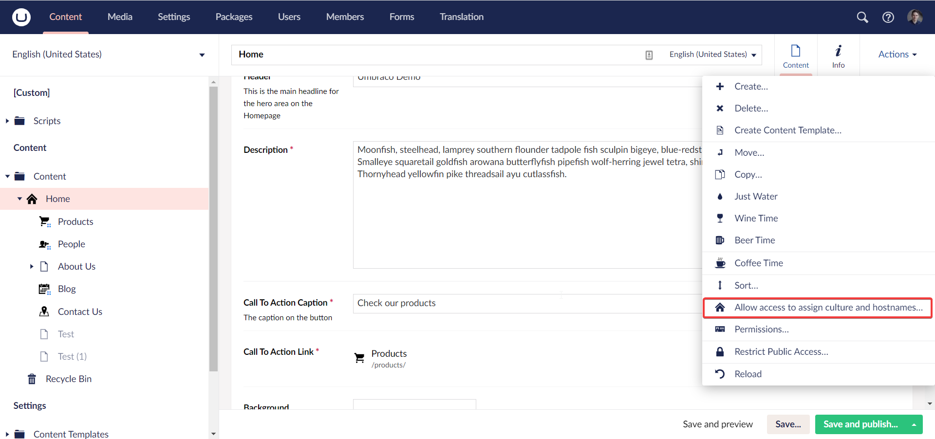 Content section node context menu name "Culture and Hostnames" has changed to "Allow access to ...