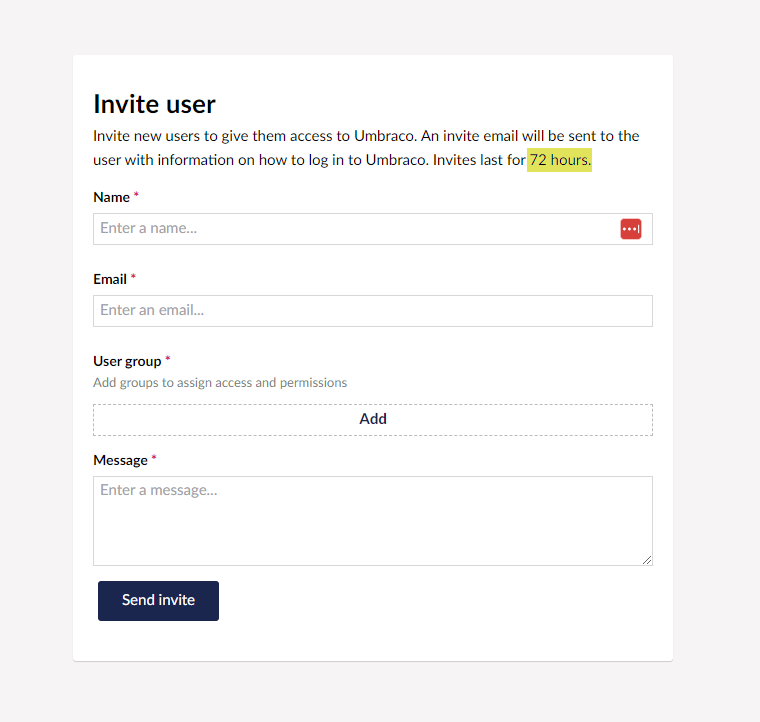 Resend user invite email always expired after 72 hours · Issue #15045 · umbraco/Umbraco-CMS · GitHub