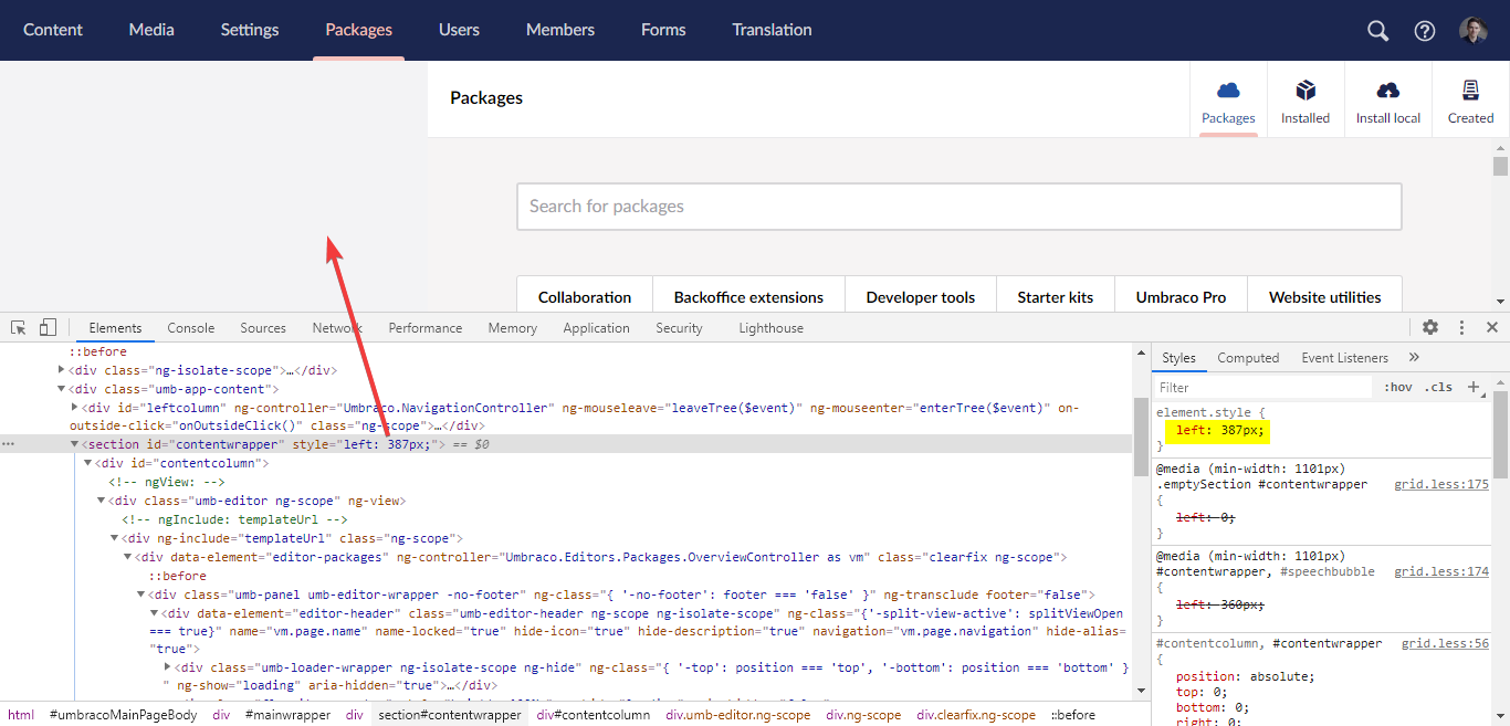 Resizing content tree messes up Users, Packages & Forms section · Issue #8950 · umbraco/Umbraco ...