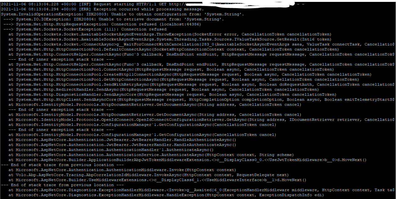 Api Response 500 Internal Server Error When Passing Bearer Token · Issue 10529 · Abpframework