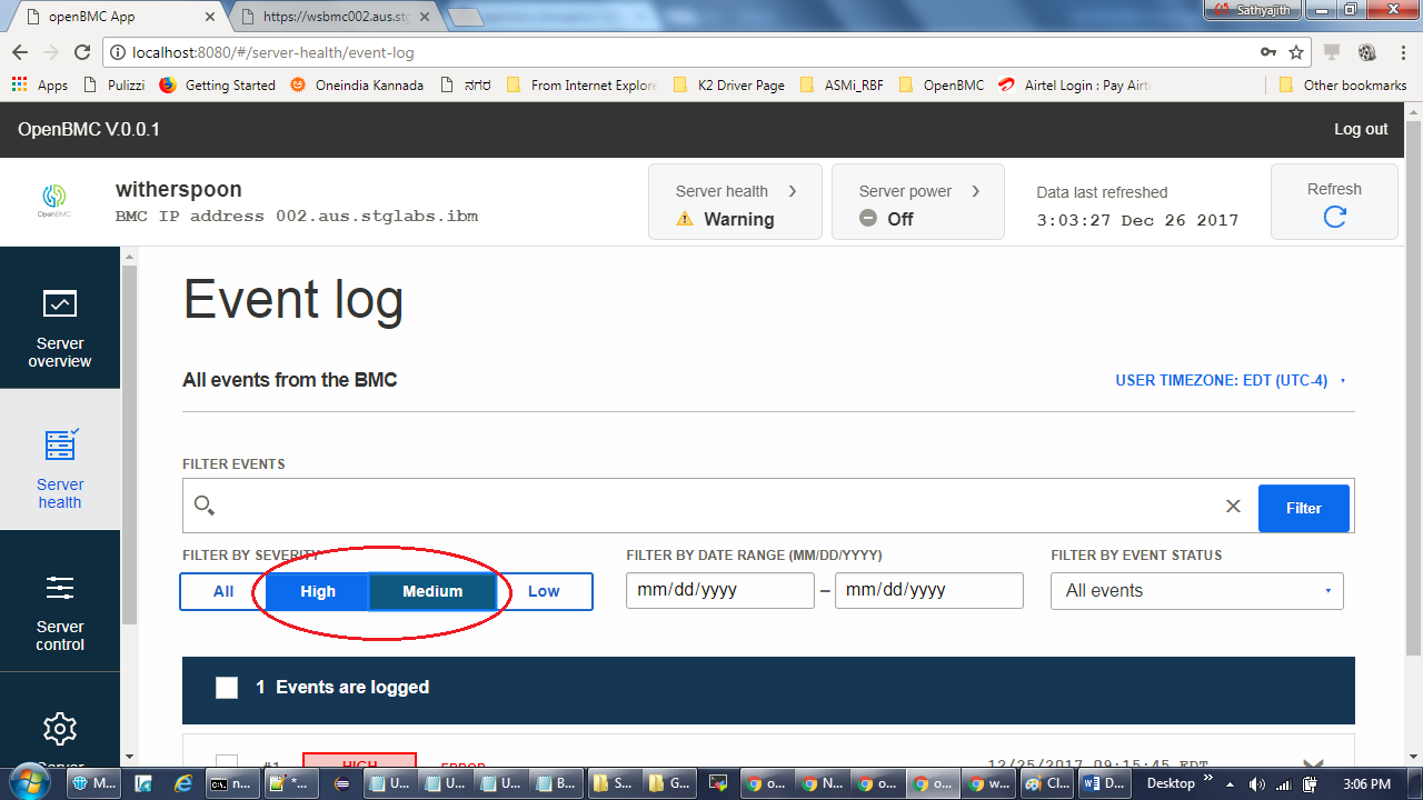 Openbmc Gui Server Health Event Log Option Medium Is Not Able To Select