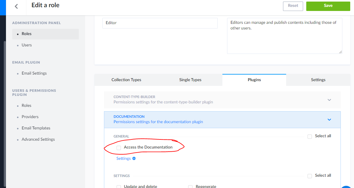 Not able to check plugin access in editor role of administrative panel. · Issue #10415 · strapi ...