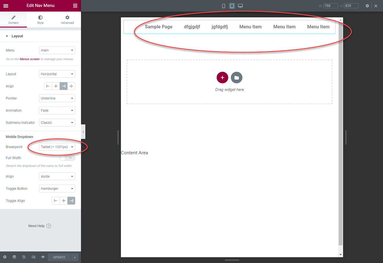 Elementor Nav Menu Widget Mobile Dropdown Tablet Breakpoint Is Not