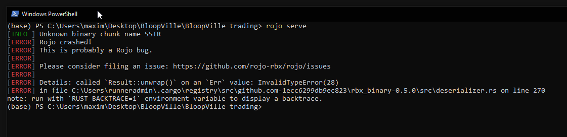rojo serve crash "Unkown binary chunk name SSTR" · Issue #396 · rojo-rbx/rojo · GitHub
