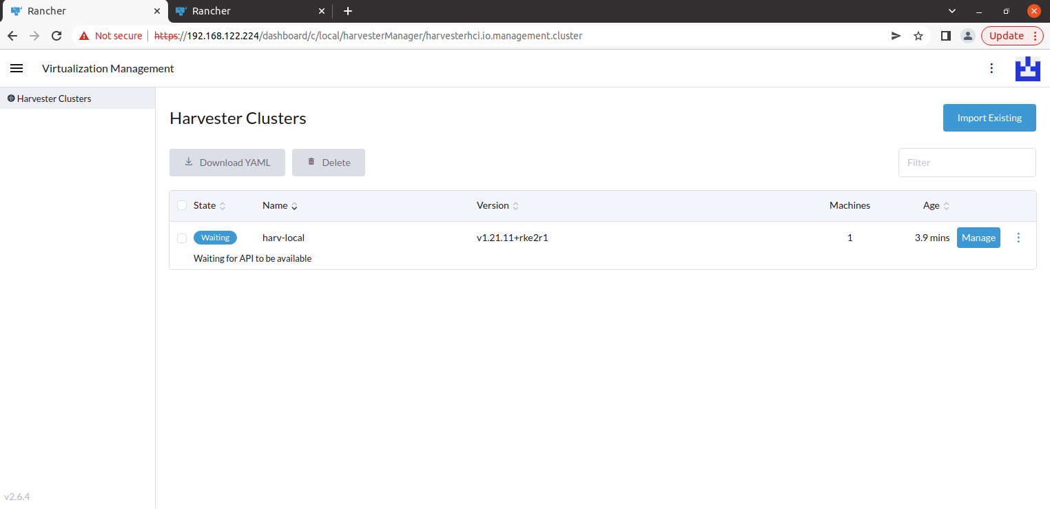 [BUG] Unable to import Harvester in Rancher UI, stuck in Waiting with message "Waiting for API ...