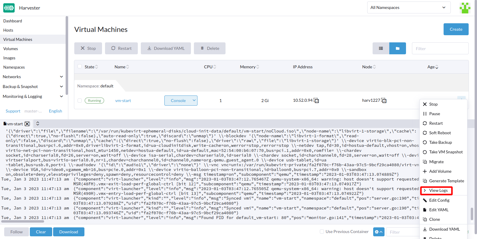 [BUG] enhance VM viewLogs action · Issue #2919 · harvester/harvester · GitHub
