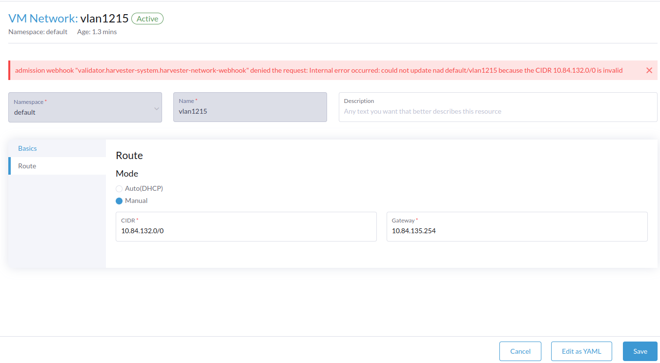 [BUG] When update vlan network with invalid CIDR and try to delete it, process stuck in ...