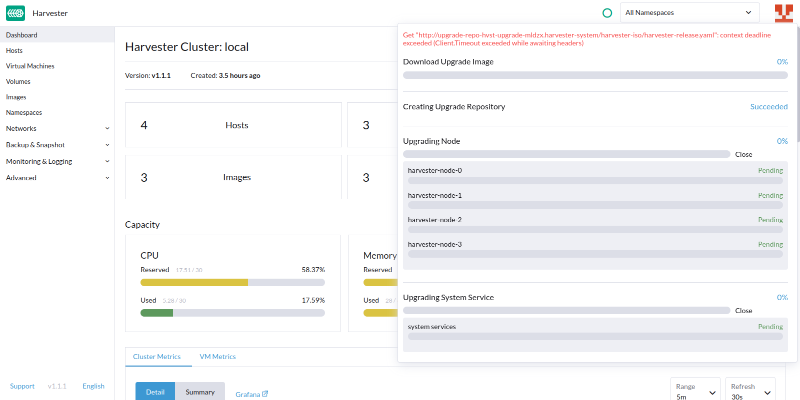 [BUG] Upgrade the four nodes airgapped Harvester stop with context deadline exceeded error ...