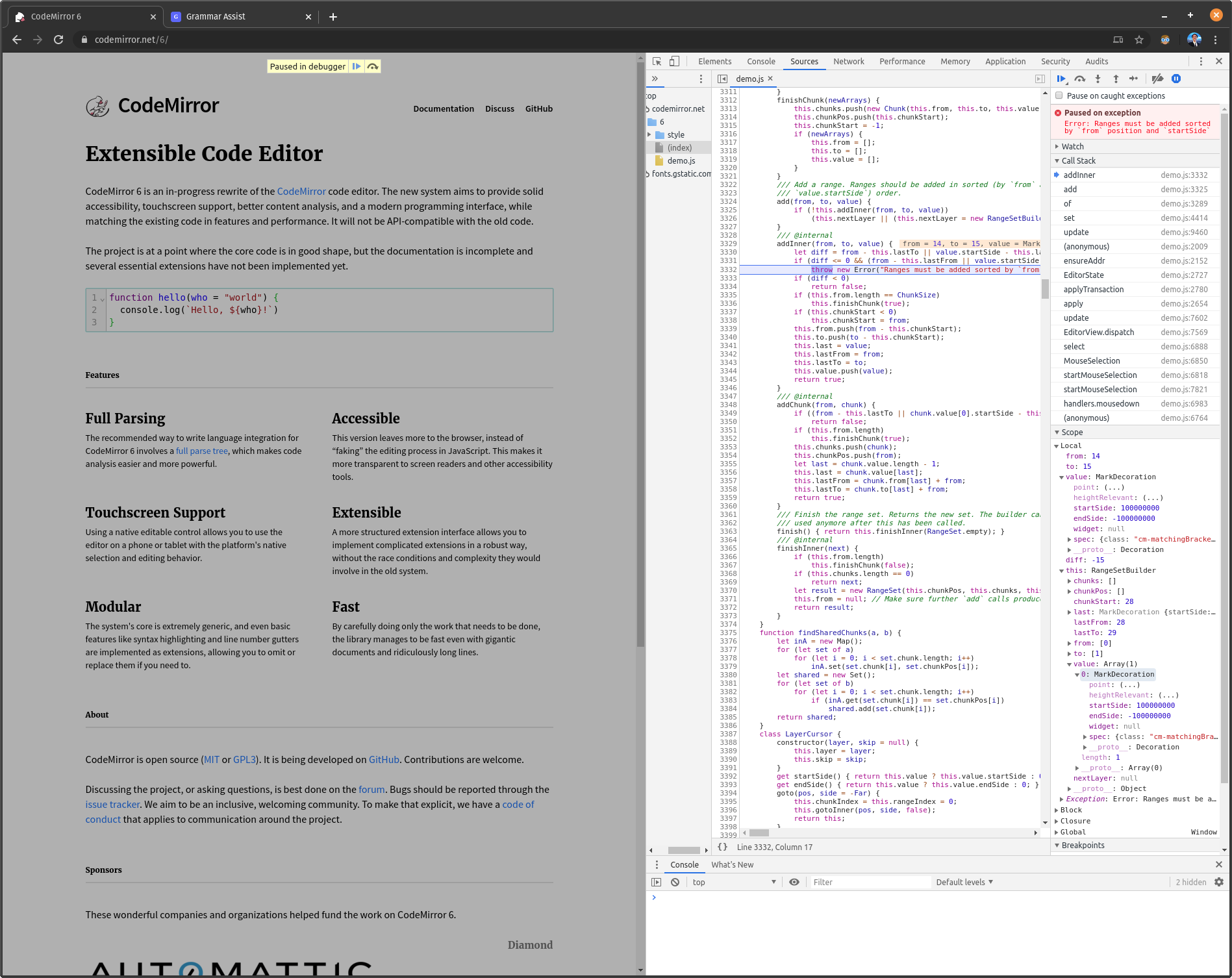 "Ranges must be added sorted by `from` position and `startSide`" when placing cursor next to ...