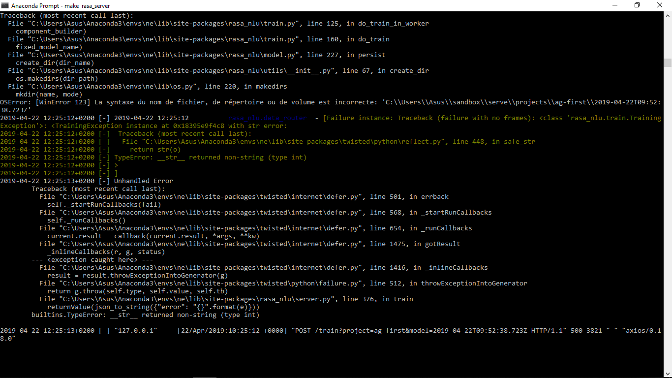 OSError Exception, [WinError 123] when training through Rasa NLU server · Issue #3295 · RasaHQ ...