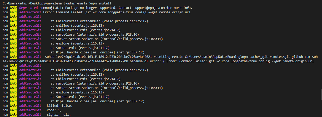 npm install出现问题deprecated nomnom@1.8.1: Package no longer supported. Contact support@npmjs.com ...