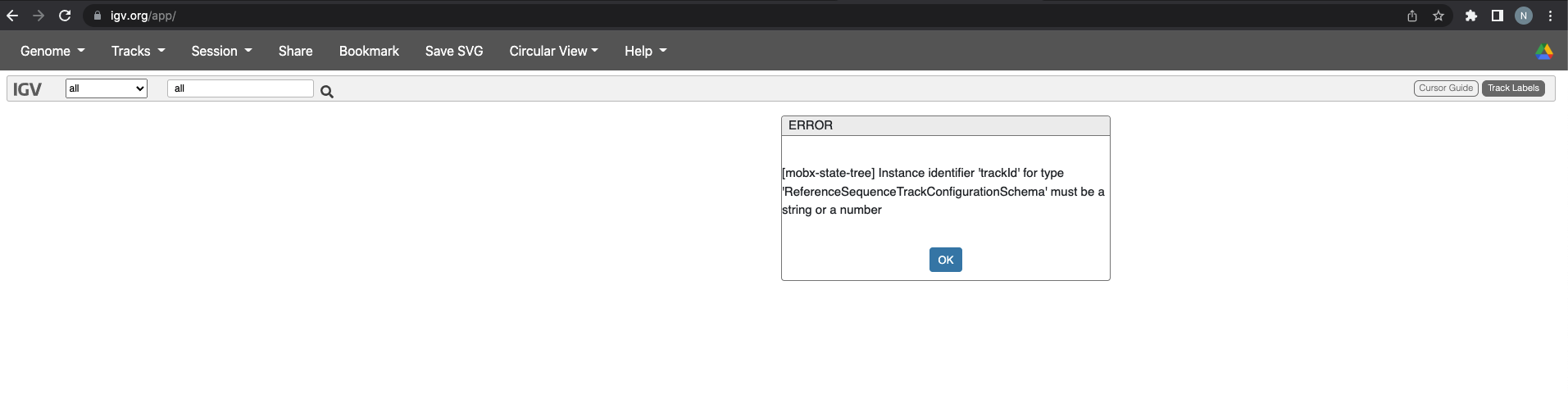 "error when loading a custom genome [mobx-state-tree] Instance identifier 'trackId' for type ...