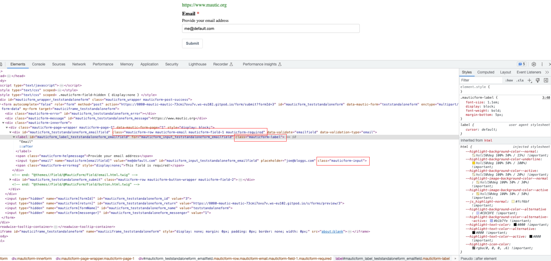 Form email field label class not represented in HTML · Issue #12625 · mautic/mautic · GitHub