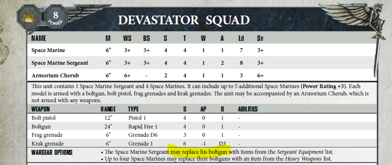 Imperium - Space Marines: Devastator Sergeant wargear · Issue #4405 · BSData/wh40k-9e · GitHub