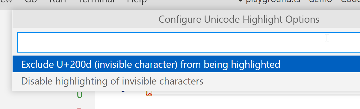 Confusing unicode highlight option quick pick options · Issue #138184 · microsoft/vscode · GitHub