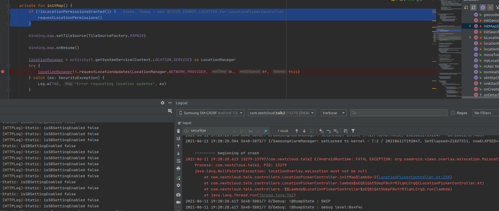 NPE on missing location permissions · Issue #1323 · nextcloud/talk-android · GitHub