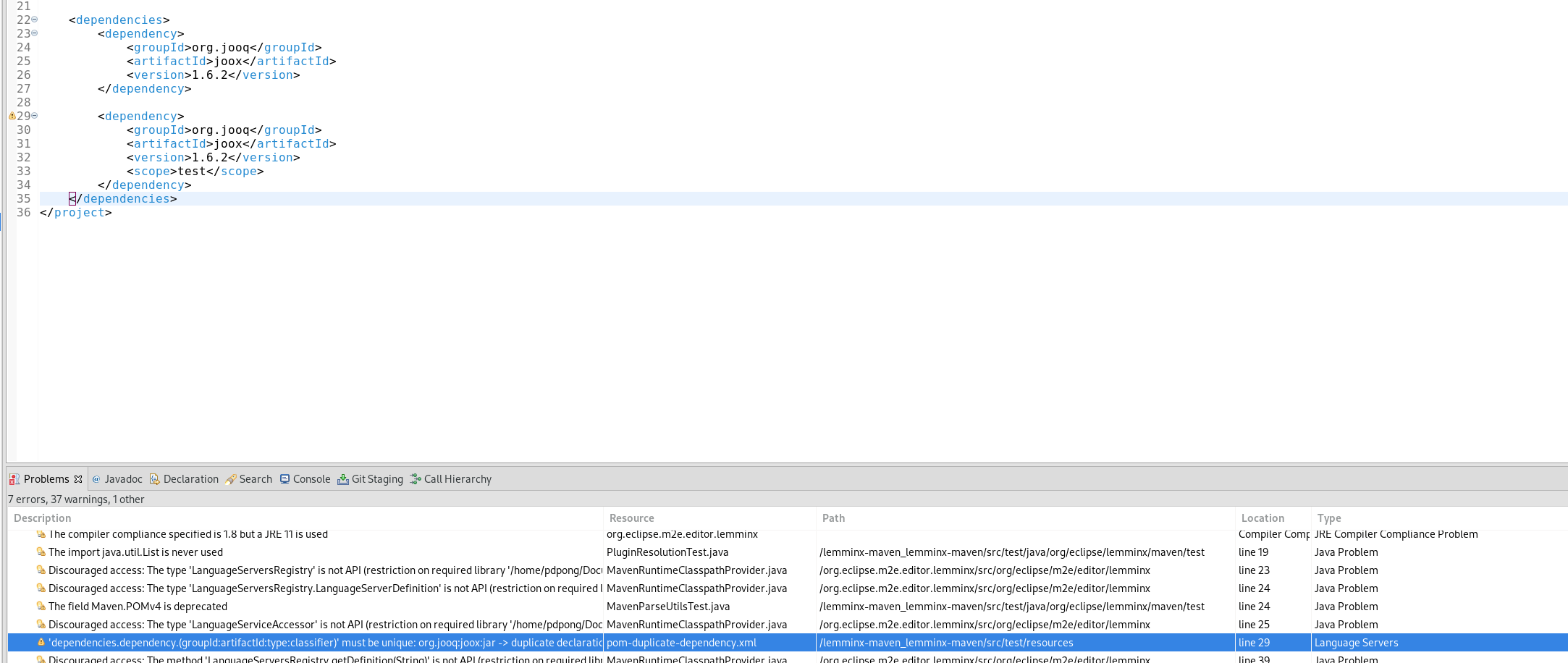 Issue warning when dependency is added twice · Issue #40 · eclipse-lemminx/lemminx-maven · GitHub