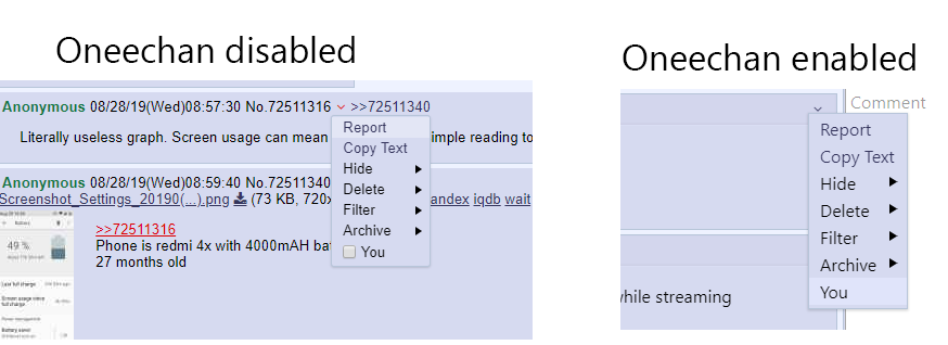 (You) option shows no checkbox, 4chan X (You) functionality non-functional unless Oneechan also ...