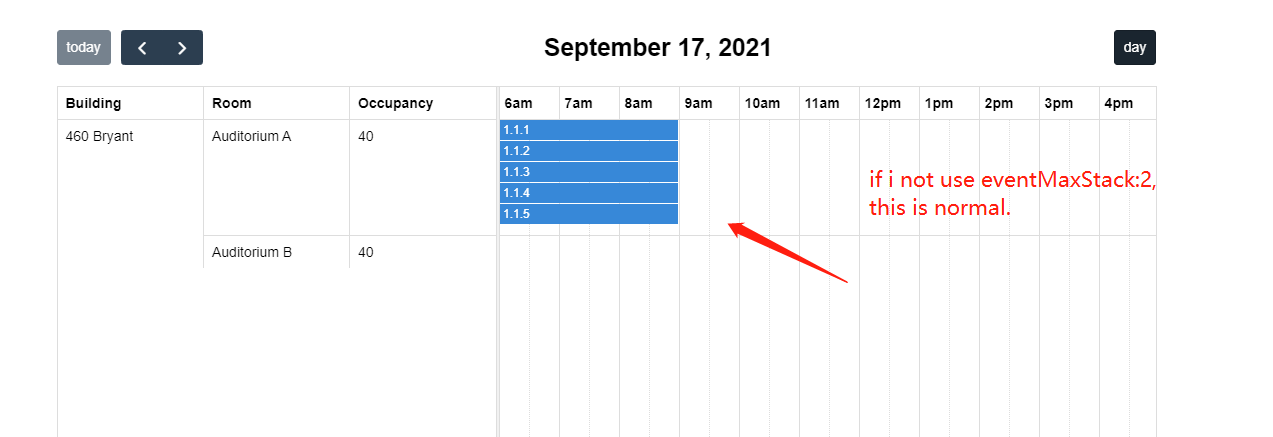 i found a bug in fullcalendar Timeline ,when set eventMaxStack.i have a codepen is can open,help ...