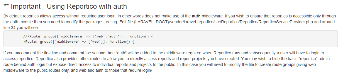 Enabling auth for reportico routing · Issue #16 · reportico-web/laravel-reportico · GitHub