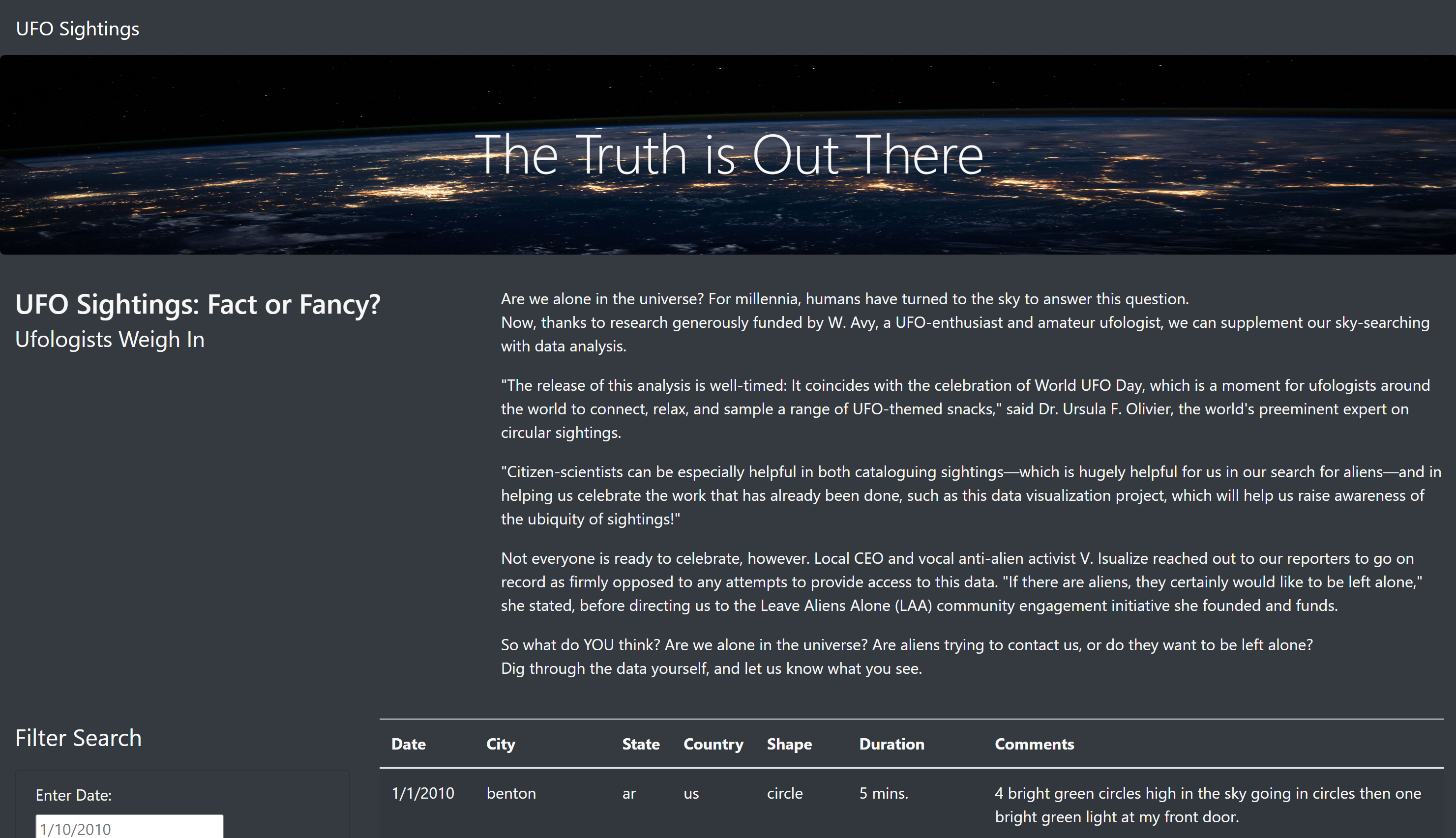 GitHub - dosanity/UFOs: Using Javascript, HTML, CSS, and Bootstrap to create a visually ...