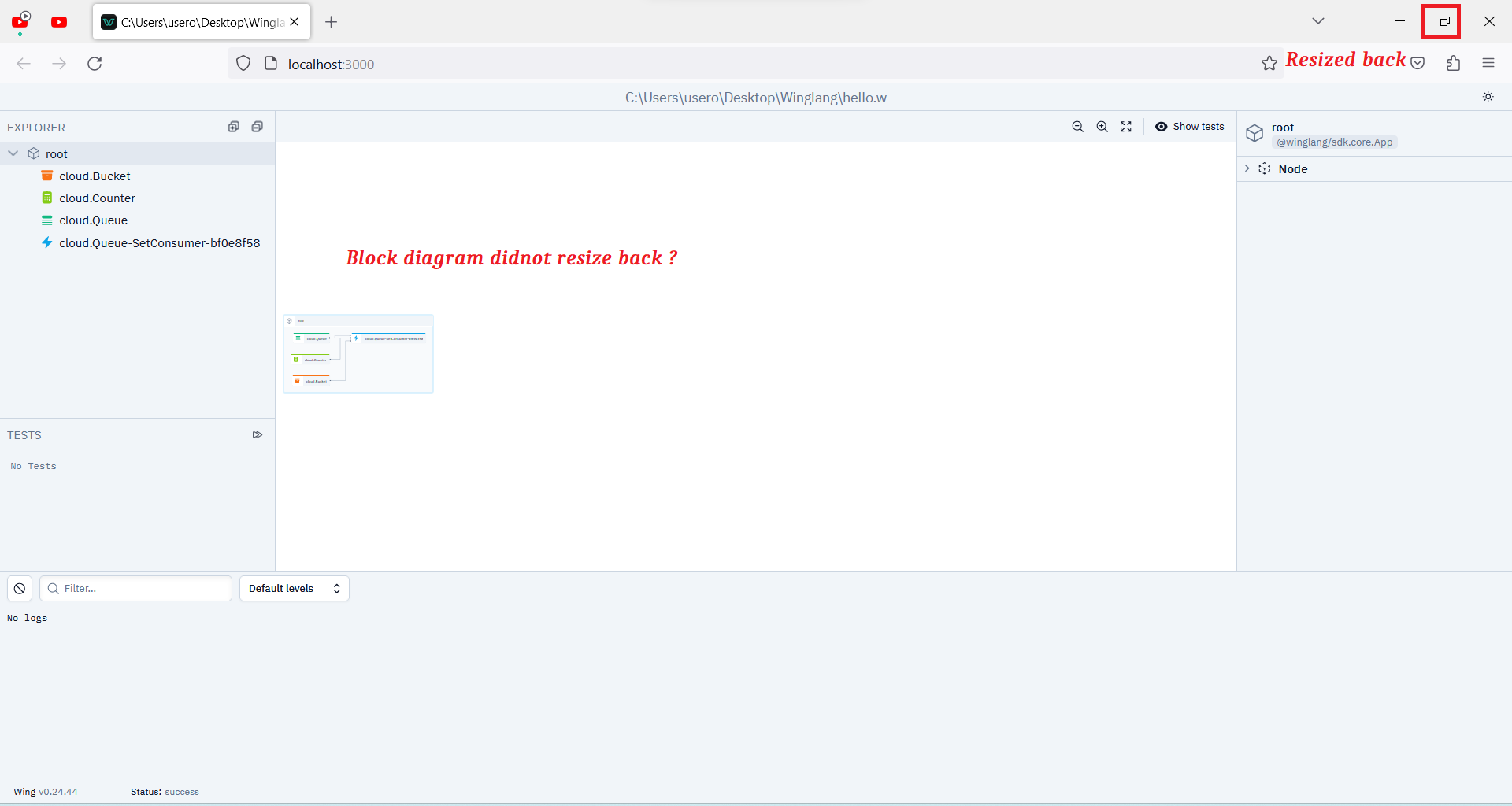 [ Wing console issue ] The Block diagram inside the simulator doesnot resize back when ...