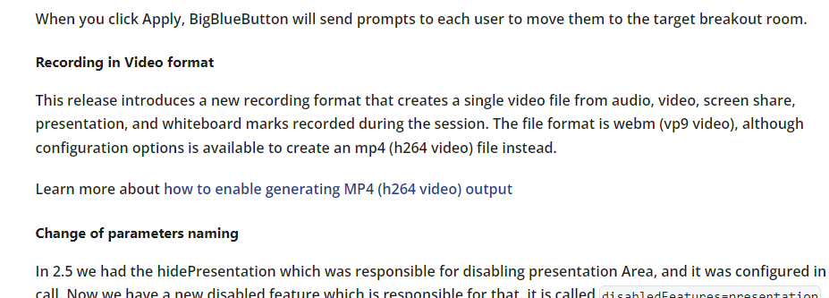 404 on the "How to enable generating MP4 (h264 video) output" link on the new features page ...