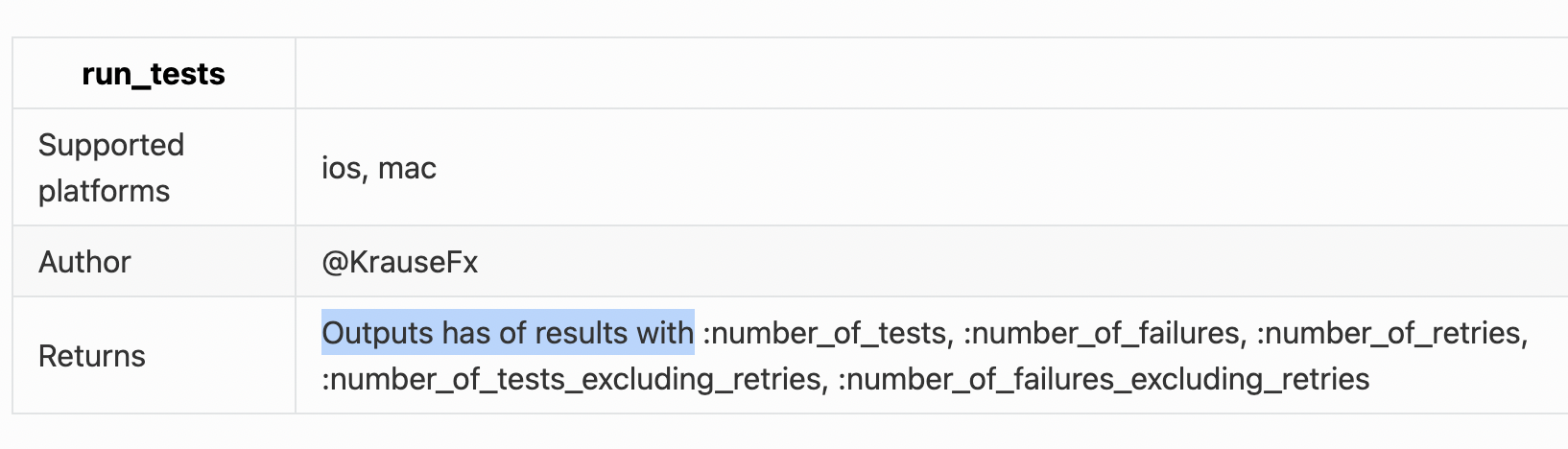 Typo In Return Value For `run Tests` Output Has Of Results With · Issue 1176 · Fastlane Docs