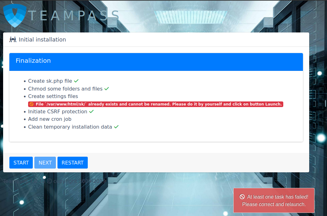 Finalization in initial installation failed. · Issue #3943 · nilsteampassnet/TeamPass · GitHub