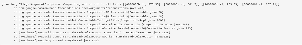 CompactionPlanner thread dies during continuous ingest · Issue #2239 · apache/accumulo · GitHub