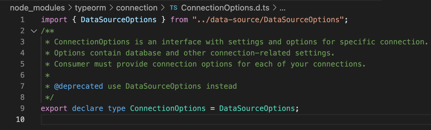 The deprecated/alias `ConnectionOptions` type is no longer exported ... The deprecated/alias `ConnectionOptions` type is no longer exported ...