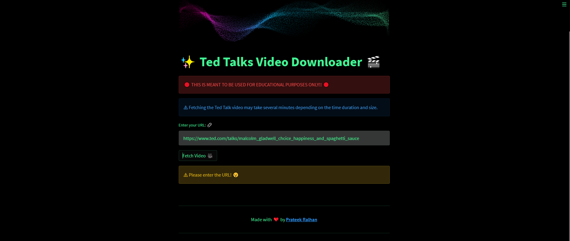 Github Prateekralhan Ted Talks Video Downloader A Streamlit Based