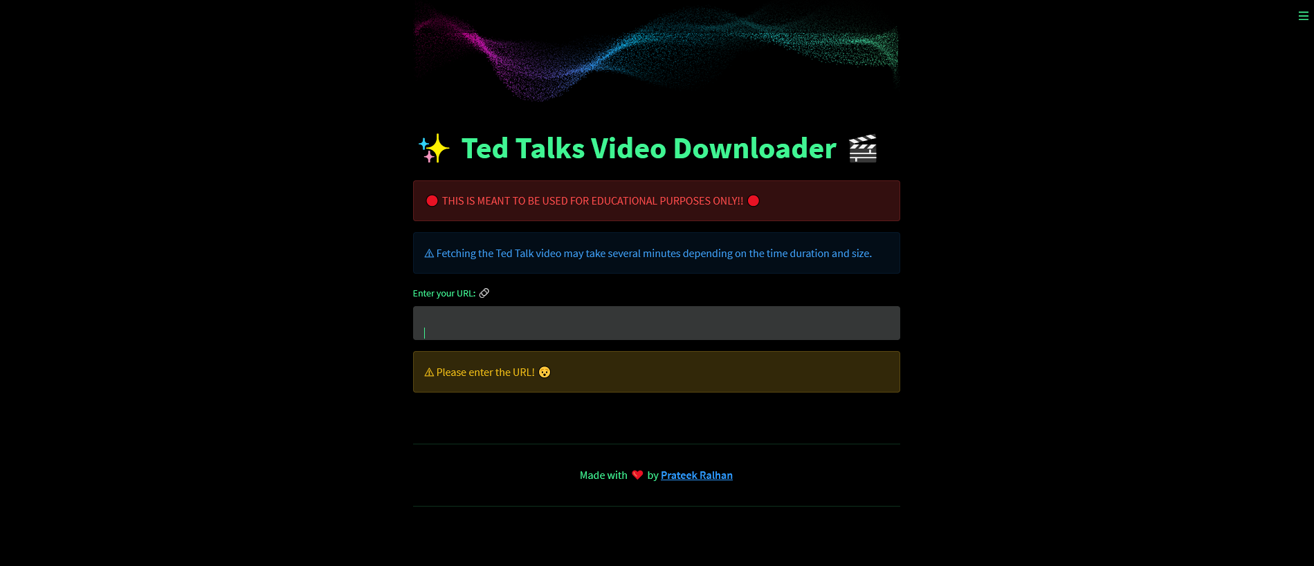 GitHub - prateekralhan/Ted-Talks-Video-Downloader: A streamlit based ...