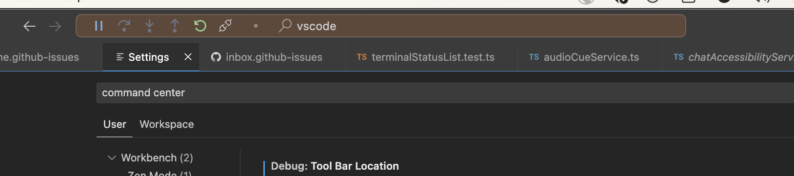debug toolbar makes command center text misaligned · Issue #194349 · microsoft/vscode · GitHub