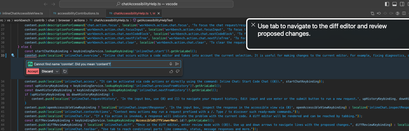 Diff View Is Not Shown For Copilot Inline Chat Fix For Screen Reader 