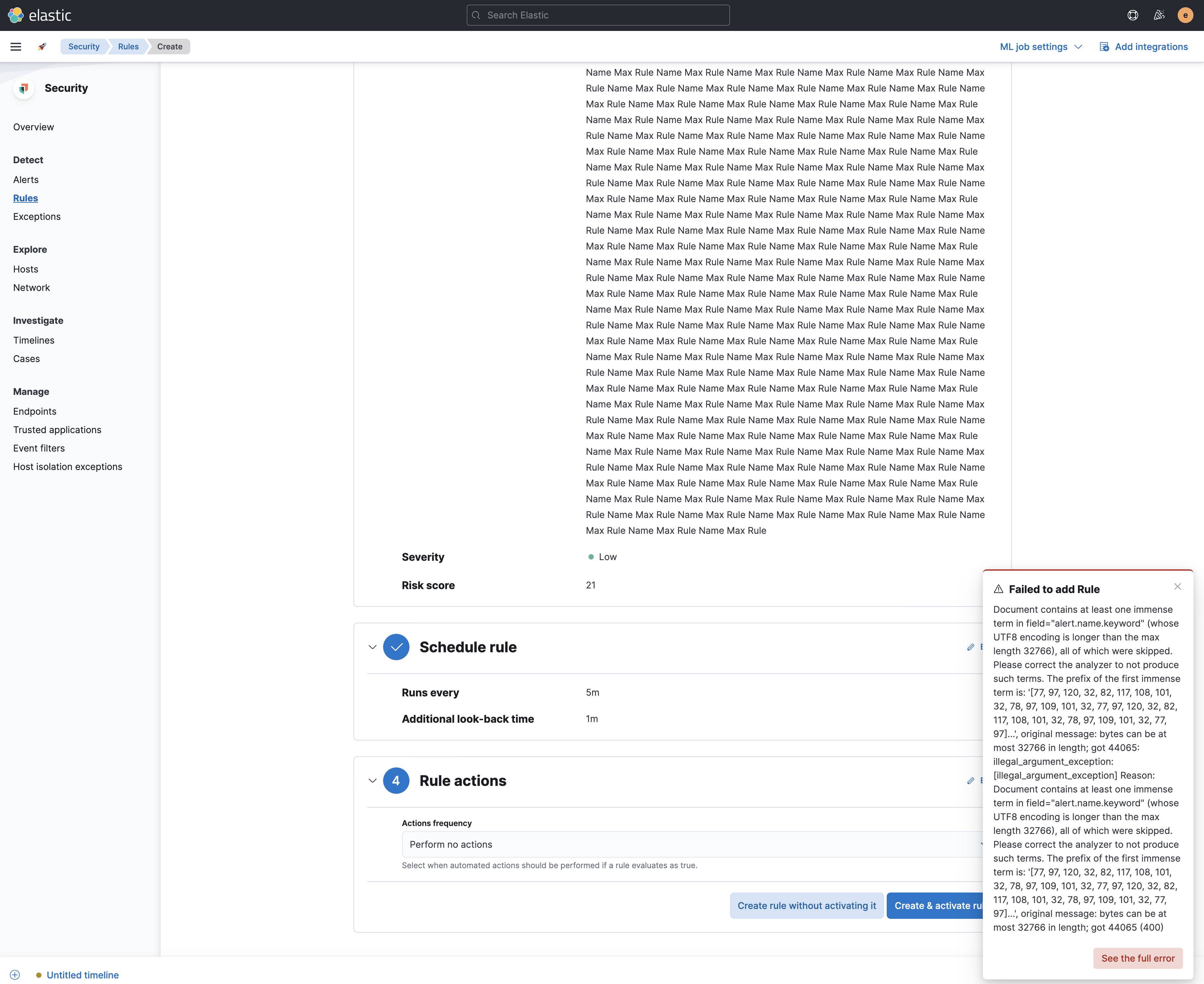 [Security Solution] No max field length set for most text inputs within Rule Creation/Edit ...