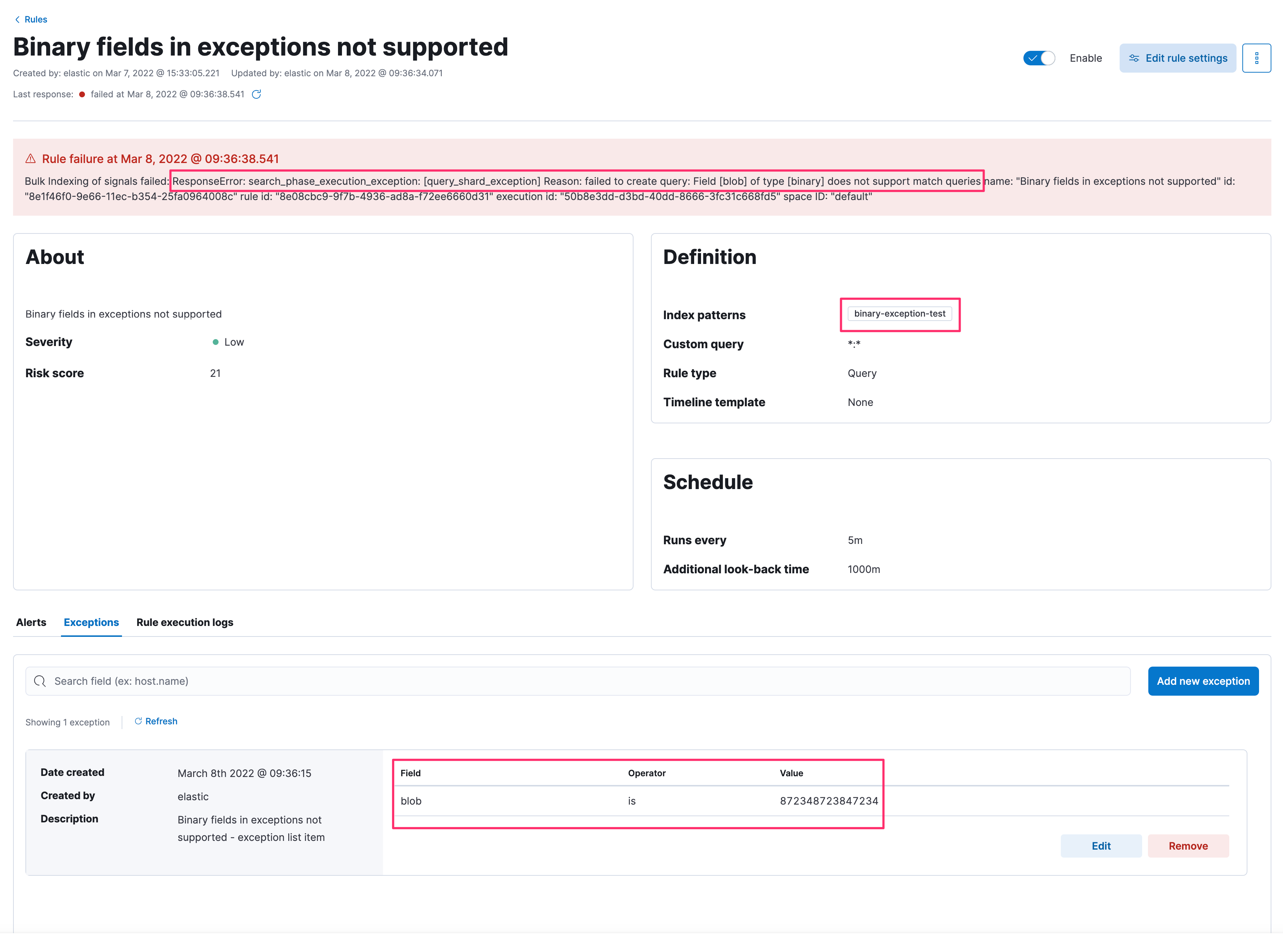 [Security Solution][Detections] Binary fields are not supported in exceptions yet can still be ...