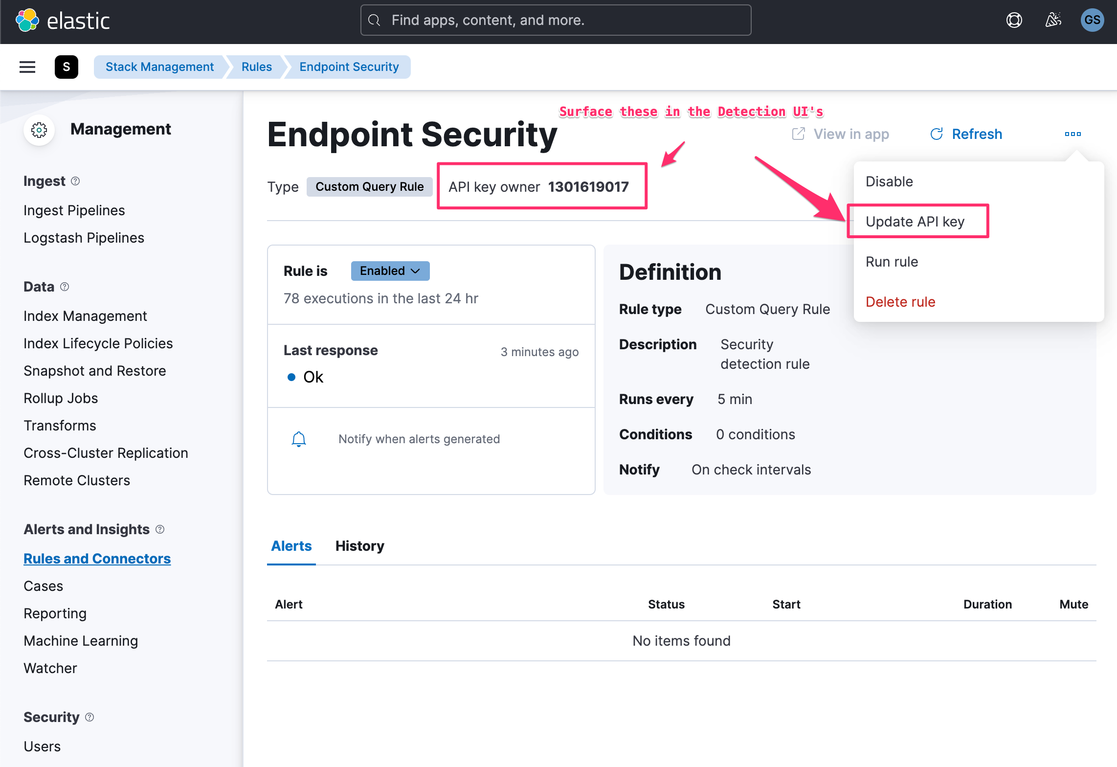 [Security Solution] Surface `API Key Owner` and `Update API Key` action in Detection Rule UI's ...